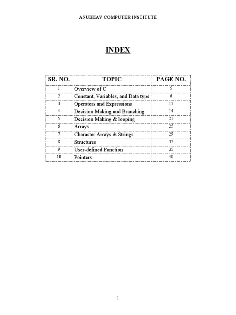 Index Sr No Topic Page No Pdf Pointer Computer Programming Subroutine