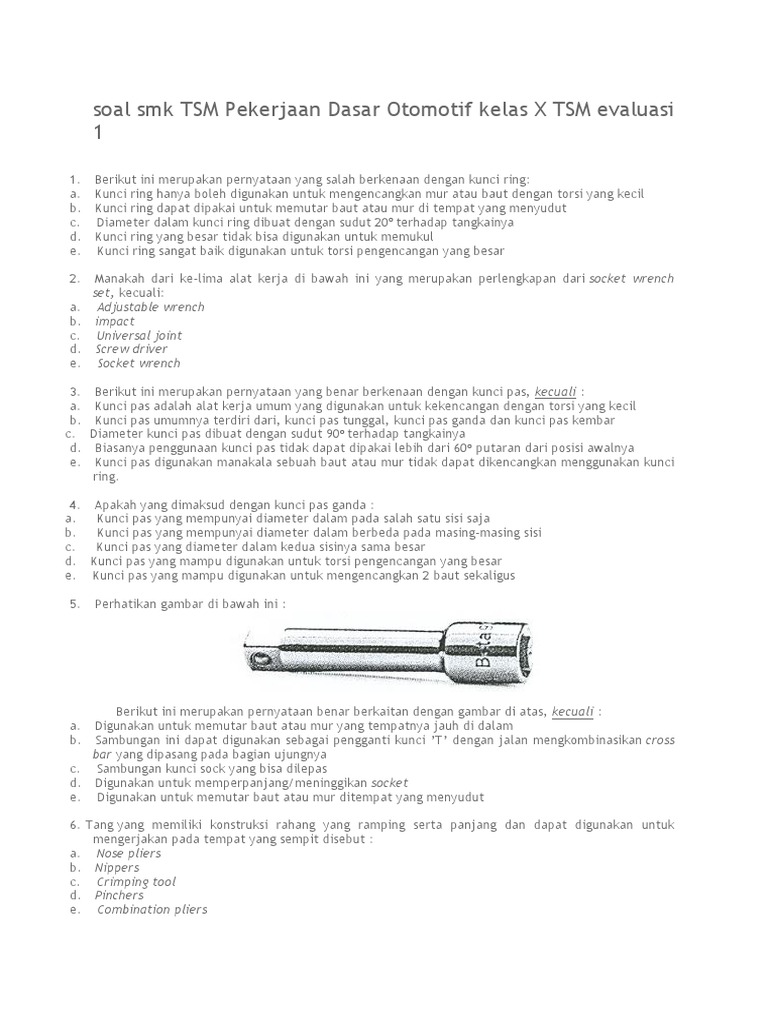 Soal SMK TSM Pekerjaan Dasar Otomotif Kelas X TSM Evaluasi 1 | PDF