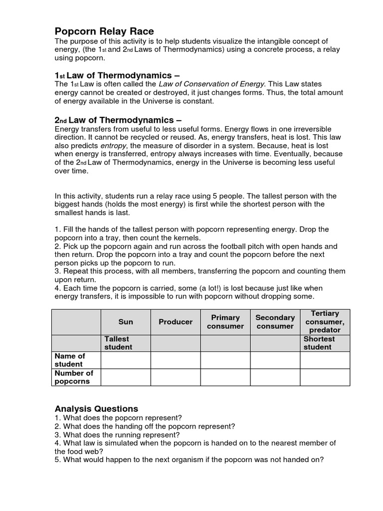 Popcorn Energy Relay Race | PDF | Food Web | Laws Of Thermodynamics