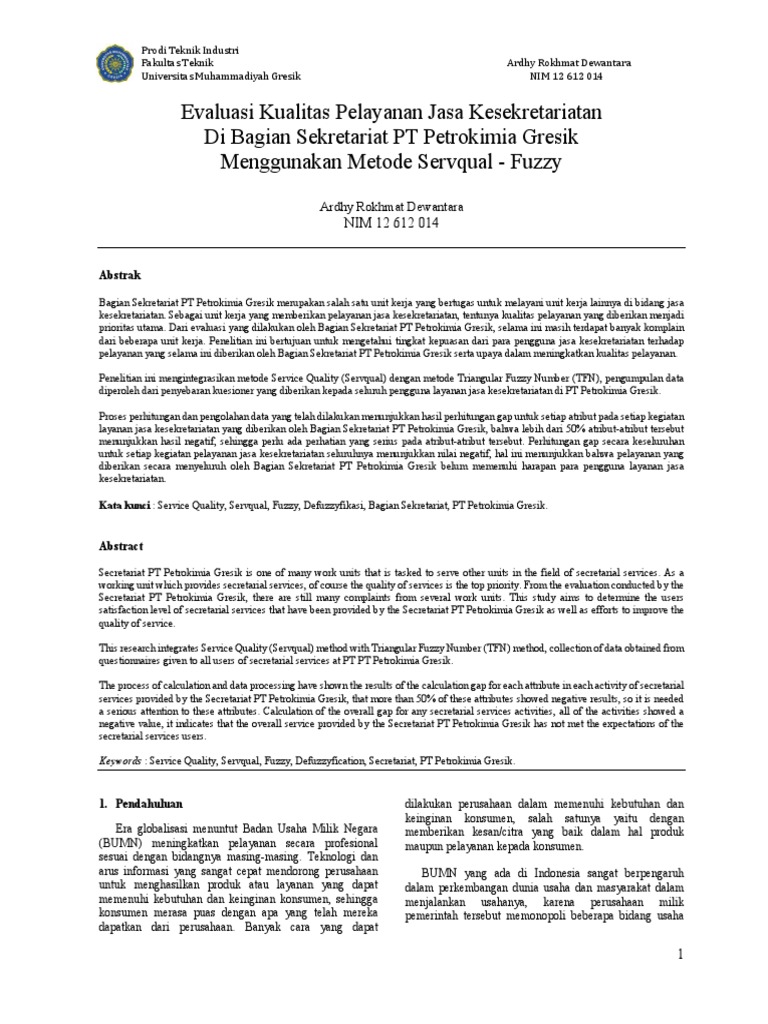 Jurnal Evaluasi Kualitas Pelayanan Jasa Kesekretariatan Menggunakan Metode Servqual Fuzzy | PDF