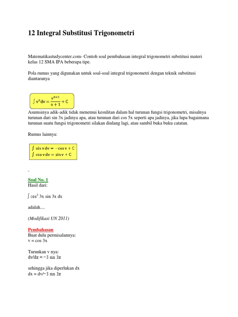 Metode Penyelesaian Integral Trigonometri dengan Substitusi | PDF