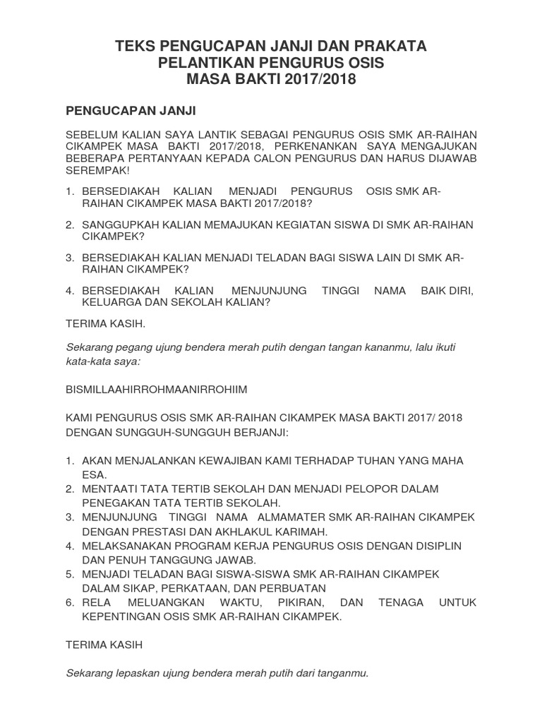 Teks Pengucapan Janji Dan Prakata Pelantikan Pengurus Osis | PDF Teks Pengucapan Janji Dan Prakata Pelantikan Pengurus Osis | PDF