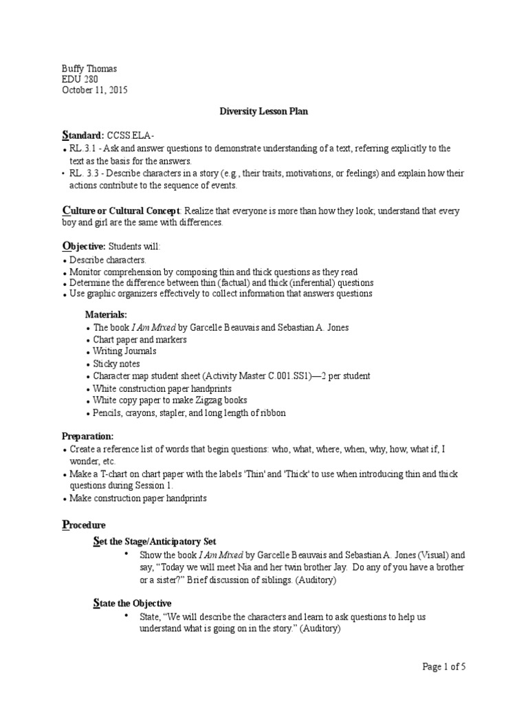 Diversity Lesson Plan for ELA Class | PDF | Question | Reading (Process)