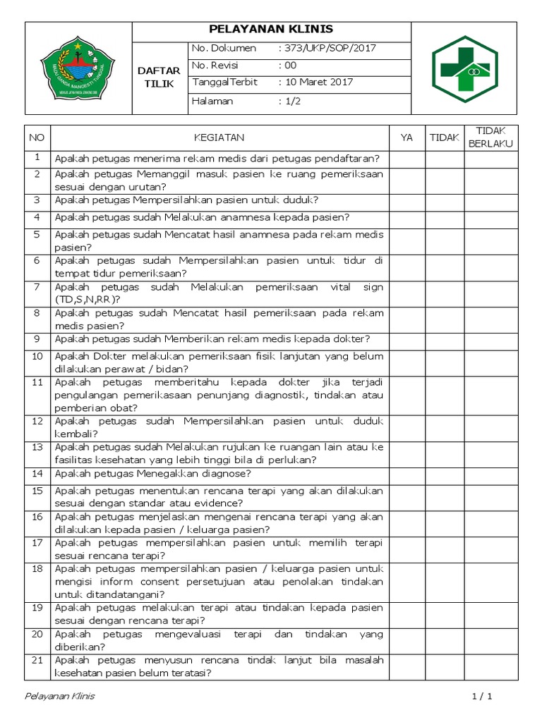 Daftar Tilik Pelayanan Klinis | PDF