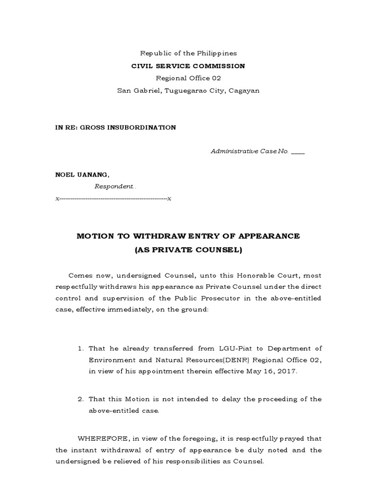 Motion To Withdraw Appearance As Counsel | PDF | Common Law | Judiciaries