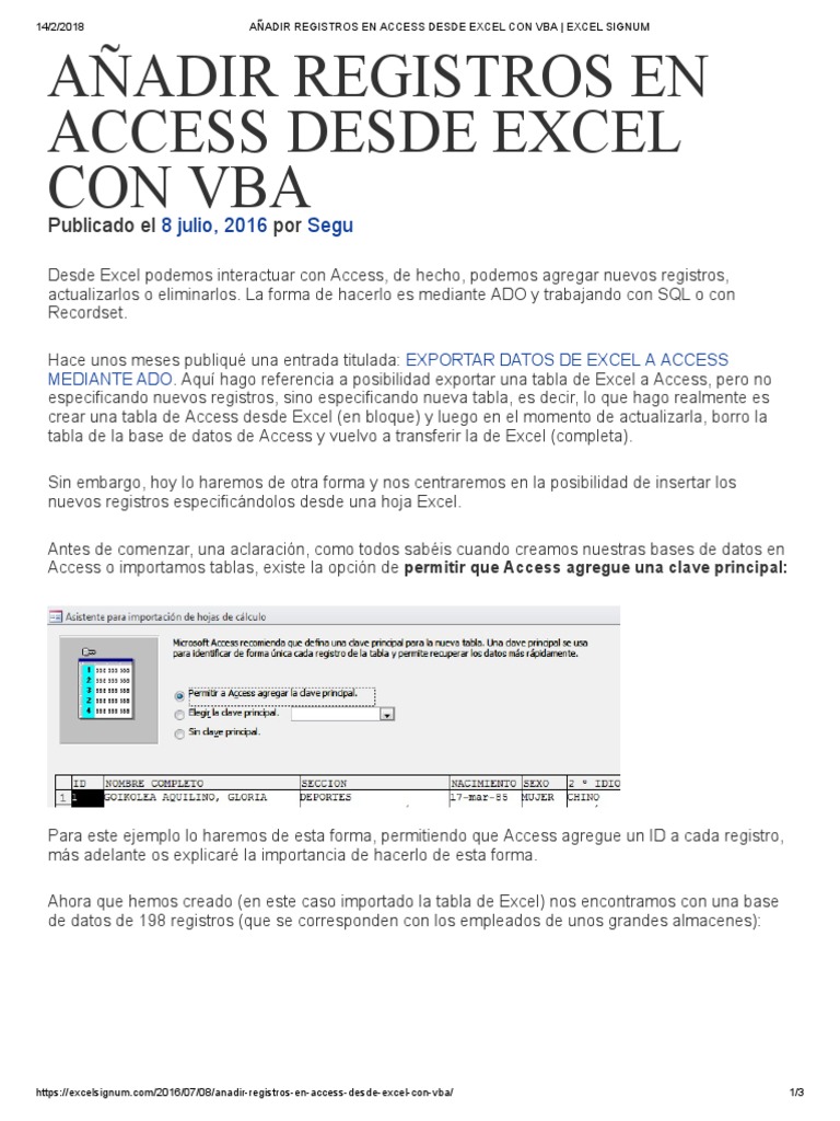Añadir Registros En Access Desde Excel Con Vba Excel Signum Pdf Microsoft Excel Tabla