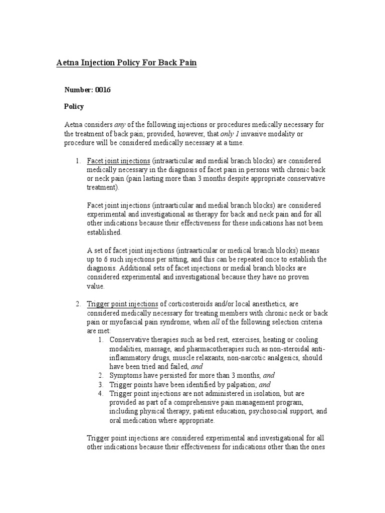 Aetna Injection Policy For Back Pain | PDF | Vertebral Column | Back Pain