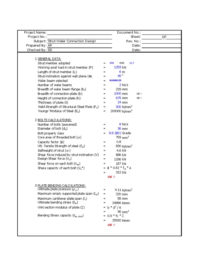 Strut Waler Connection Design Template | PDF | Bending | Structural Steel