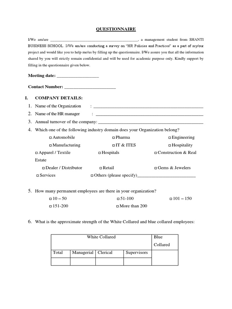 Questionnaire HRM Project | PDF | Performance Appraisal | Human ...