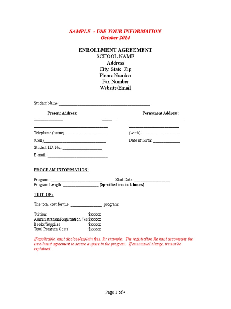 Enrollment Agreement Sample | Download Free PDF | Fee | Tuition Payments