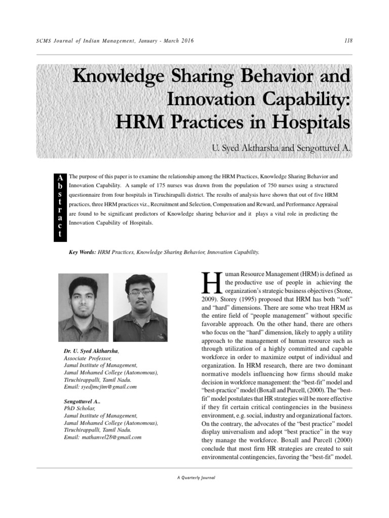 Knowledge Sharing Behavior and Innovation Capability: HRM Practices in Hospitals | Download Free ...