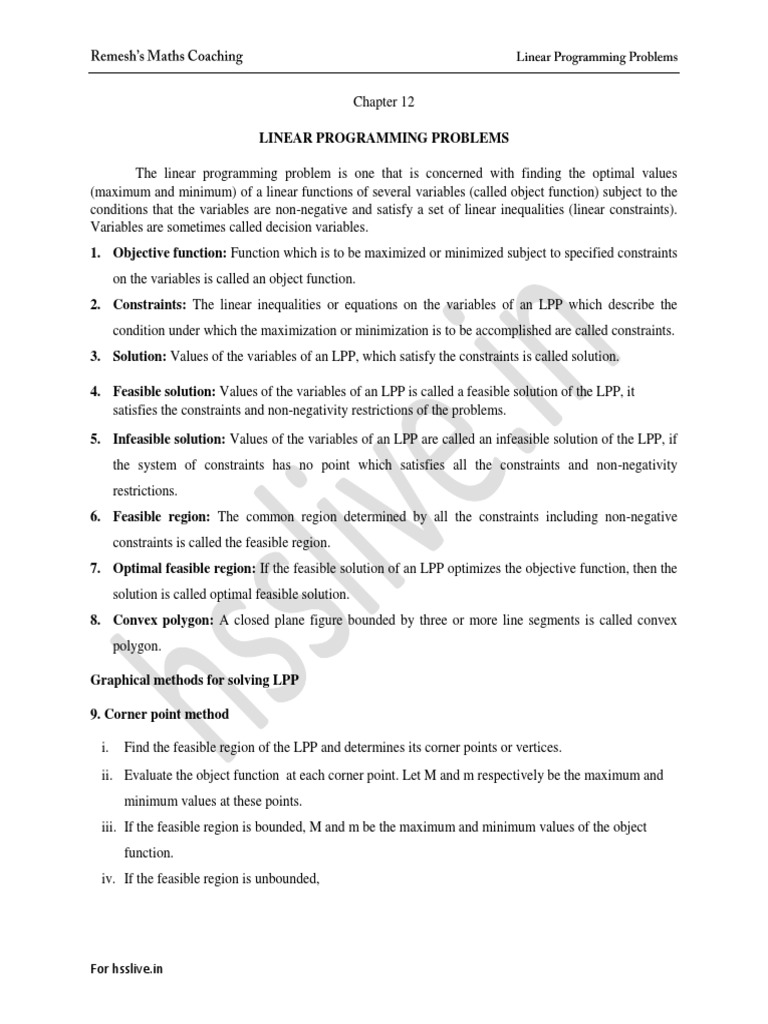 XII Ch12 Linear Programming Remesh Hsslive | PDF | Mathematical ...