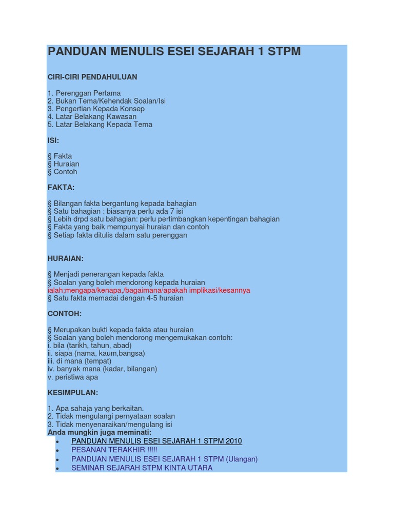 Panduan Menulis Esei Sejarah 1 STPM | PDF