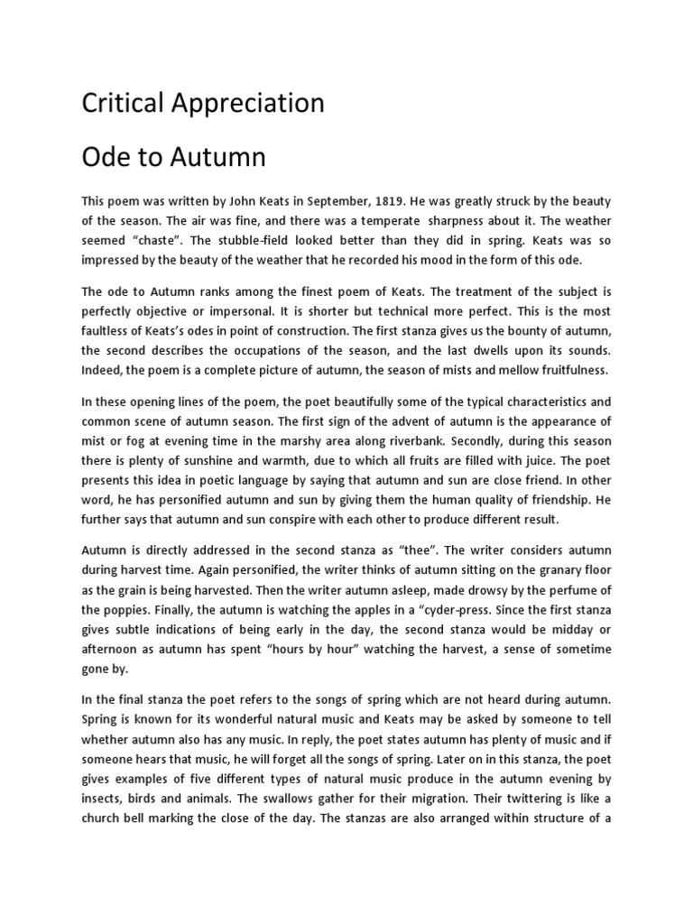 Critical Appreciation (Ode To Autumn) | PDF | John Keats | Poetry