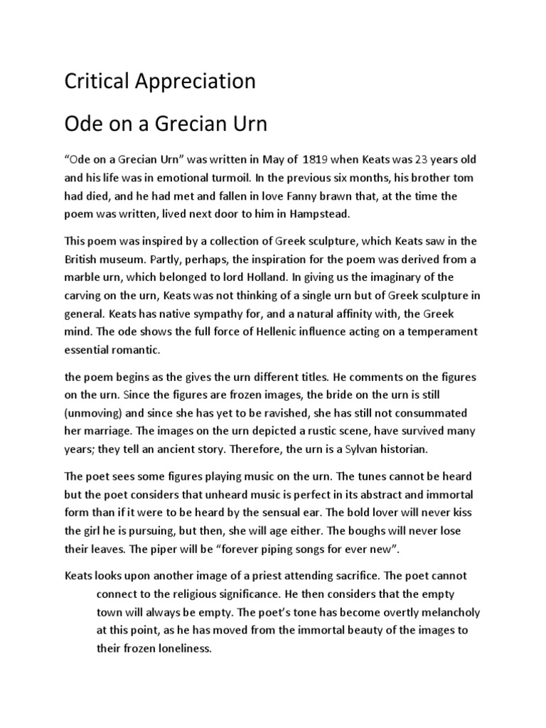 Critical Appreciation (Ode On A Grecian Urn) | PDF | John Keats | Poetry