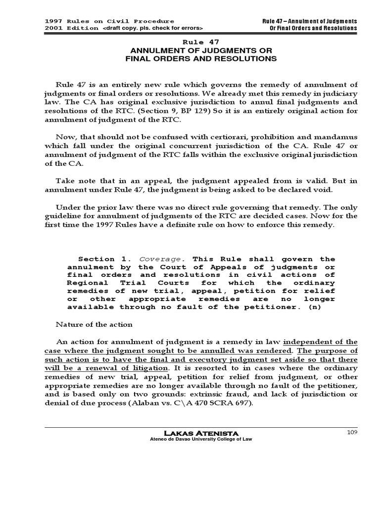 Rule 47 - Annulment of Judgments or Final Orders and Resolutions | PDF ...