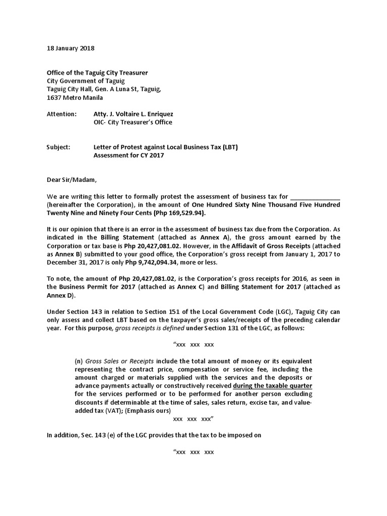 Business Tax Protest Letter | PDF | Corporate Tax | Taxes