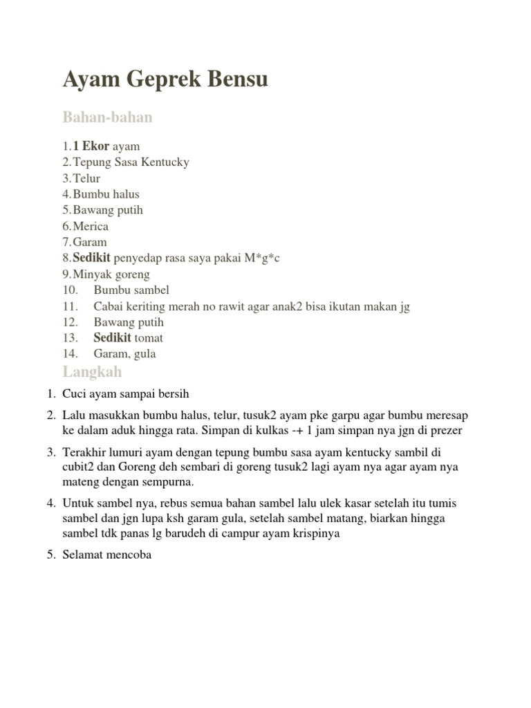 Ayam Geprek Bensu | PDF