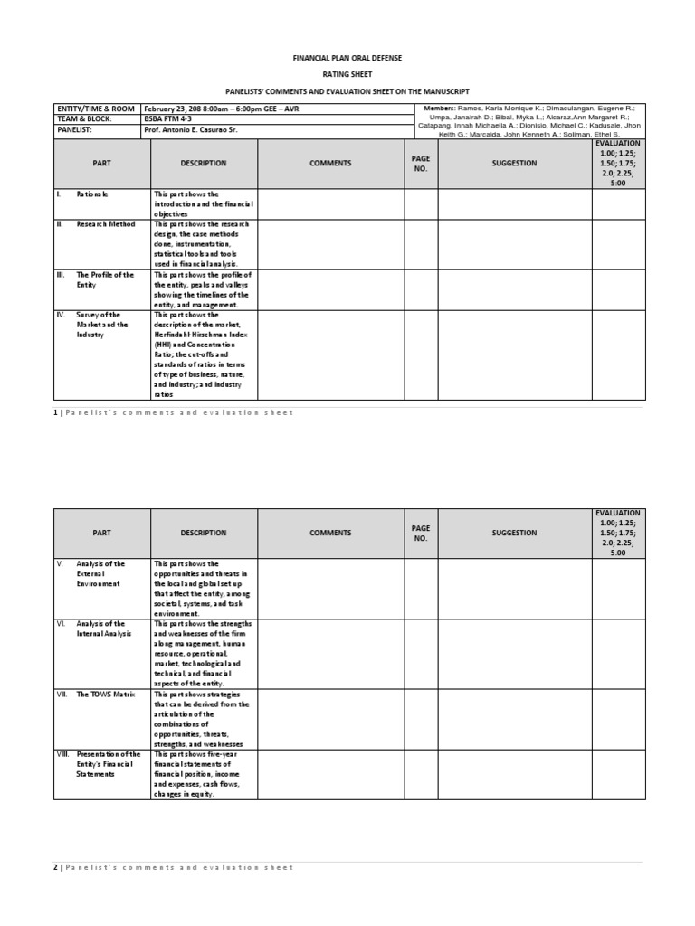 PANELISTS Comment Sheet | Business | Finance (General)