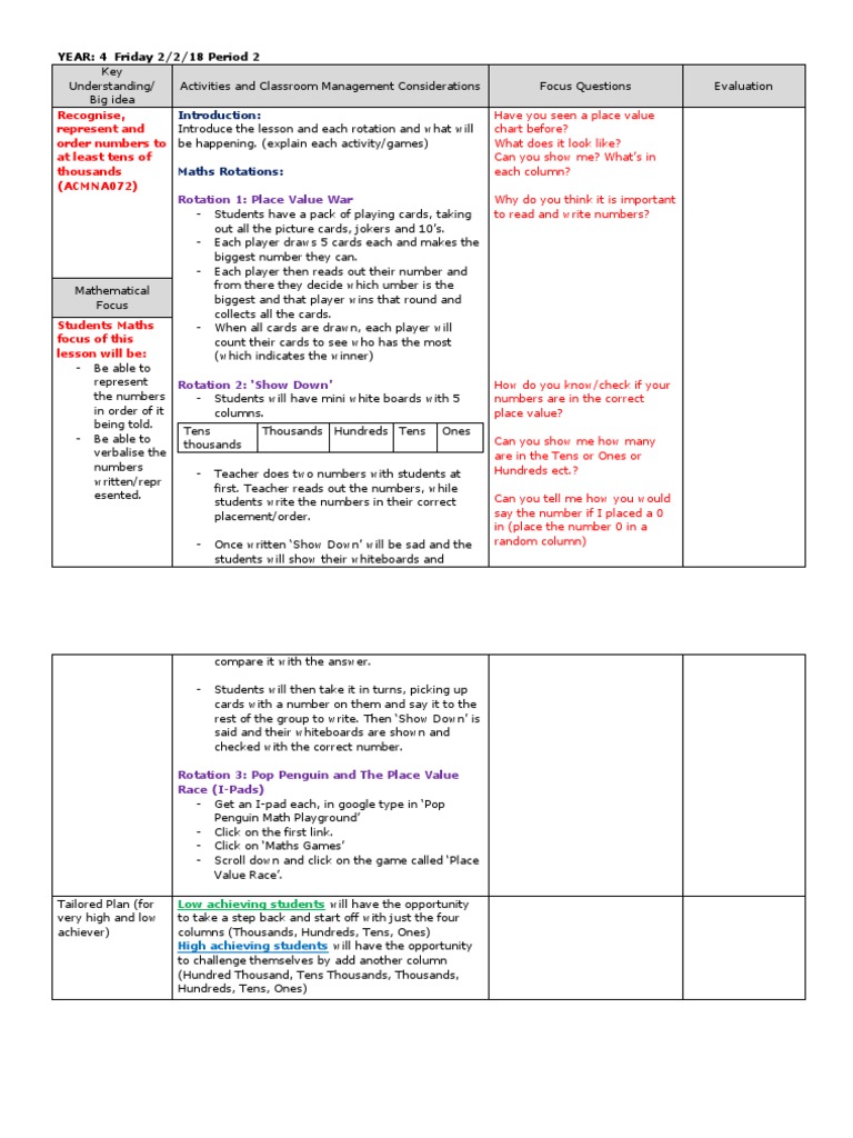 Place Value Math Lesson Plan | PDF | Lesson Plan | Pedagogy