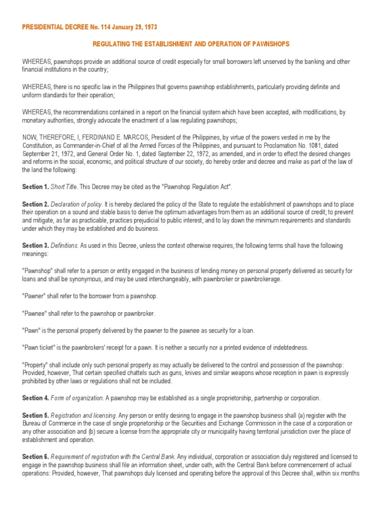Pawnshop Regulation Act Overview | PDF | Pawnbroker | Loans
