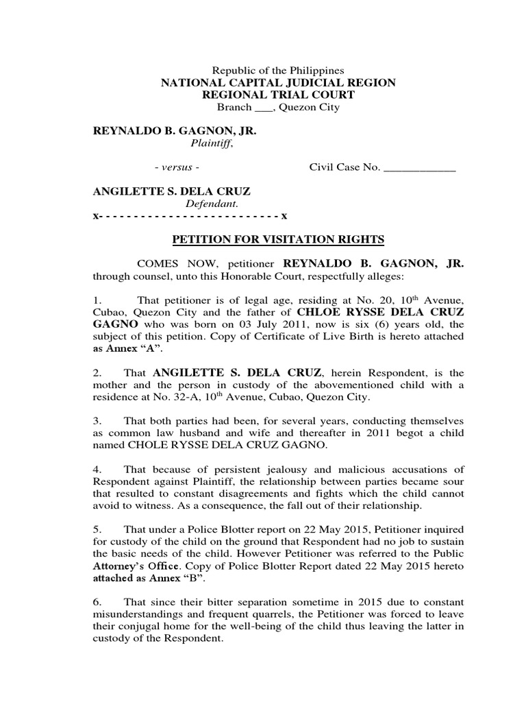 Petition For Visitation Rights - Gagnon | PDF | Contact (Law) | Child ...