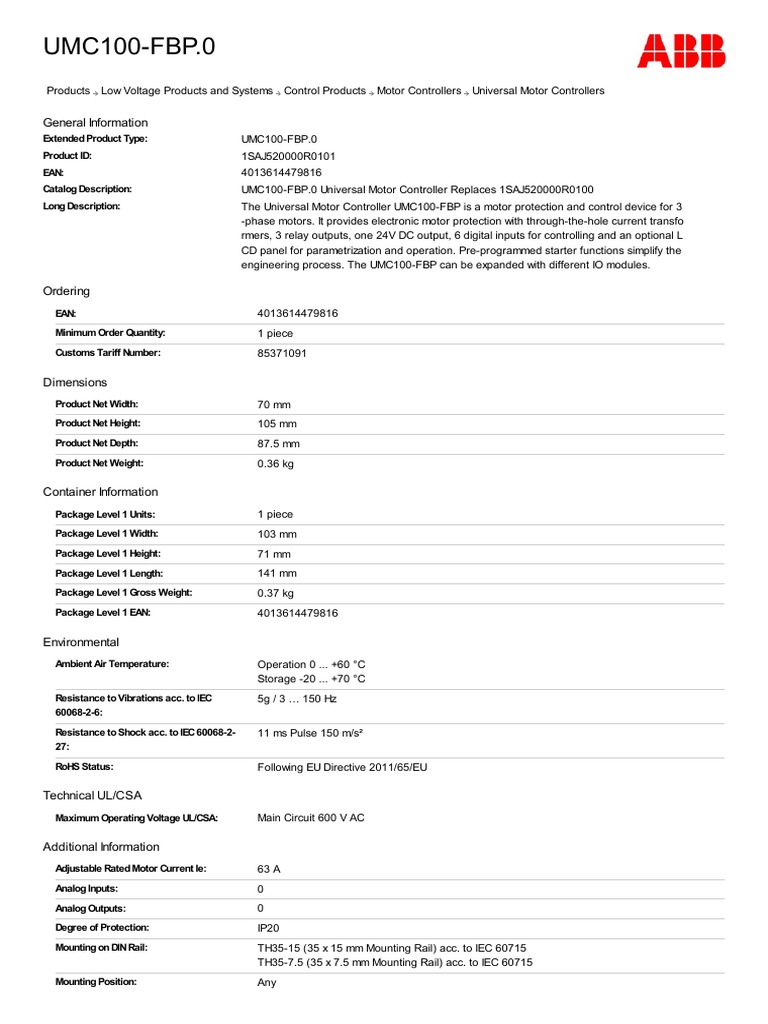 UMC100-FBP Motor Controller Specs | PDF | Relay | Voltage