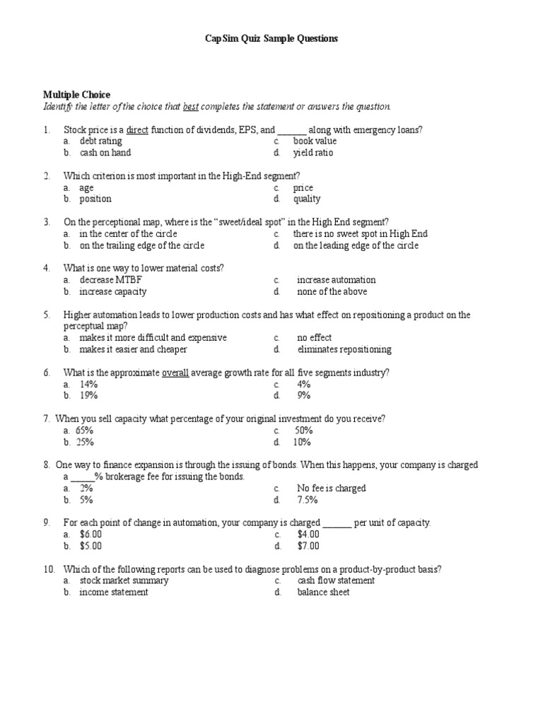 CapSim Quiz Sample Questions | PDF | Bonds (Finance) | Yield (Finance)