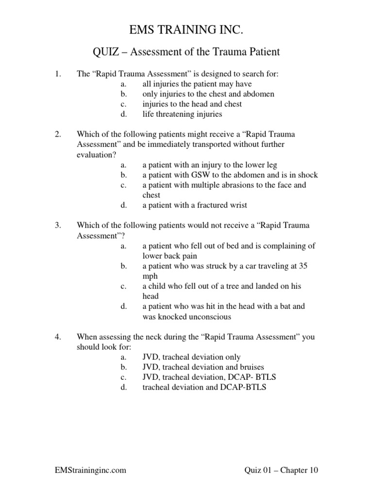 Quiz 01 - Trauma Assessment | PDF | Major Trauma | Physical Examination