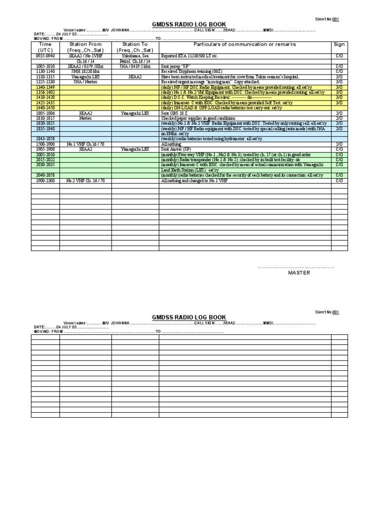 CD-MSC 07-03a Rev01 Sample GMDSS Radio Log Book PDF | PDF | Ships | Electronics