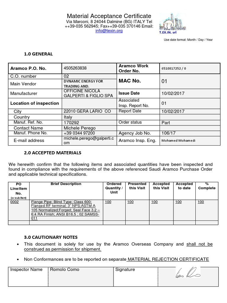Material Acceptance Certificate 106-17 | Download Free PDF | Business