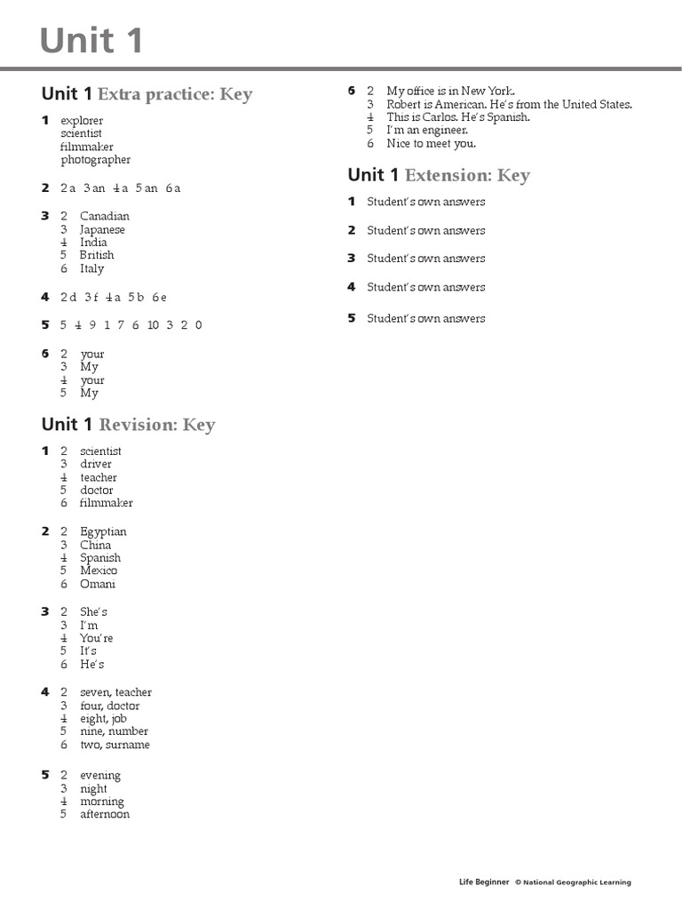 Unit 1: Extra Practice: Key | PDF