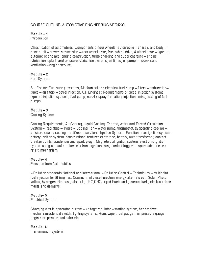 Module - 1: Course Outline-Automotive Engineering Mec4209 | PDF ...