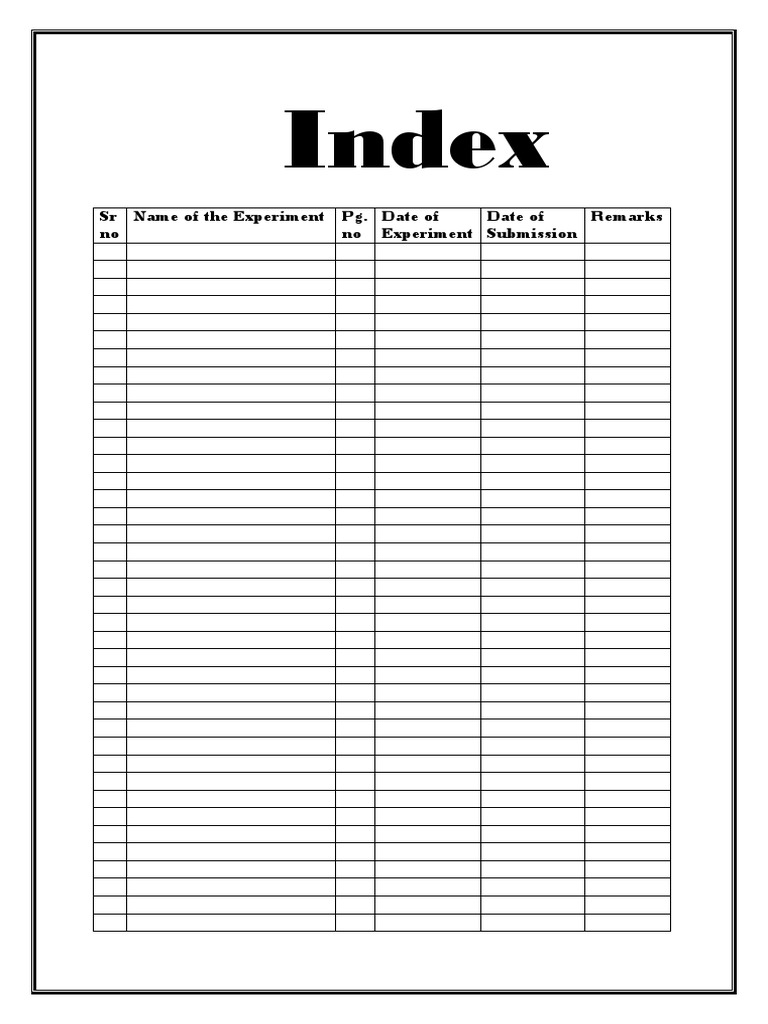 Index: SR No Name of The Experiment Pg. No Date of Experiment Date of Submission Remarks | PDF