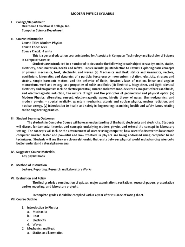 Modern Physics Syllabus | Download Free PDF | Momentum | Physics
