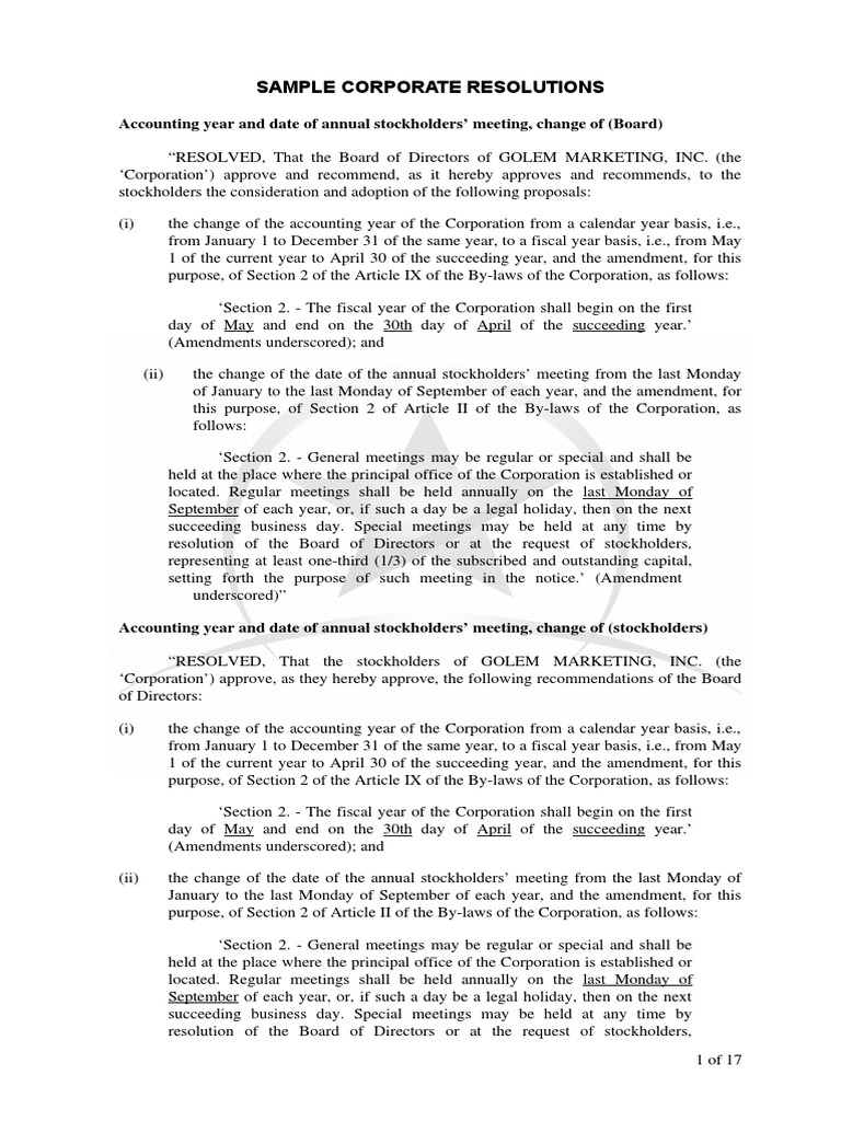 Sample Corporate Resolutions Guide | PDF | Common Stock | Dividend