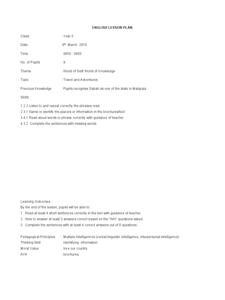 Year 5 English: Travel & Adventures | PDF | Question | Lesson Plan