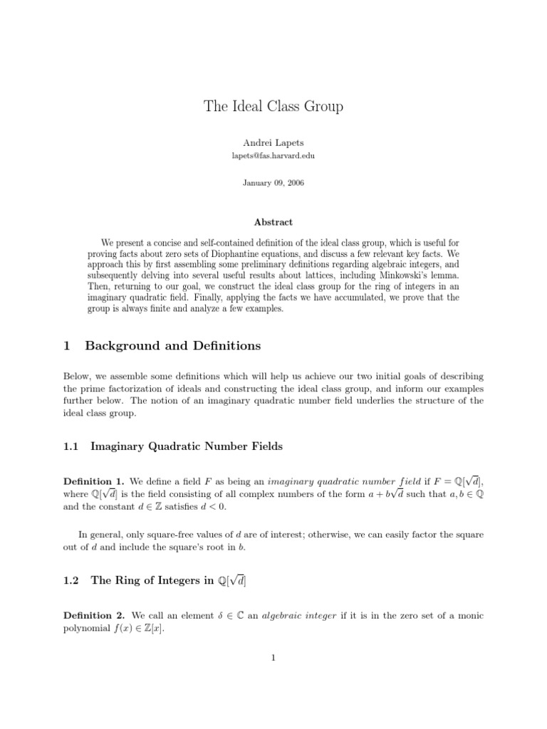 The Ideal Class Group: 1 Background and Definitions | PDF | Field ...