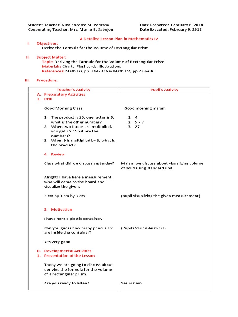 Deriving The Formula For The Volumenof Rectangular Prism | PDF | Volume | Lesson Plan