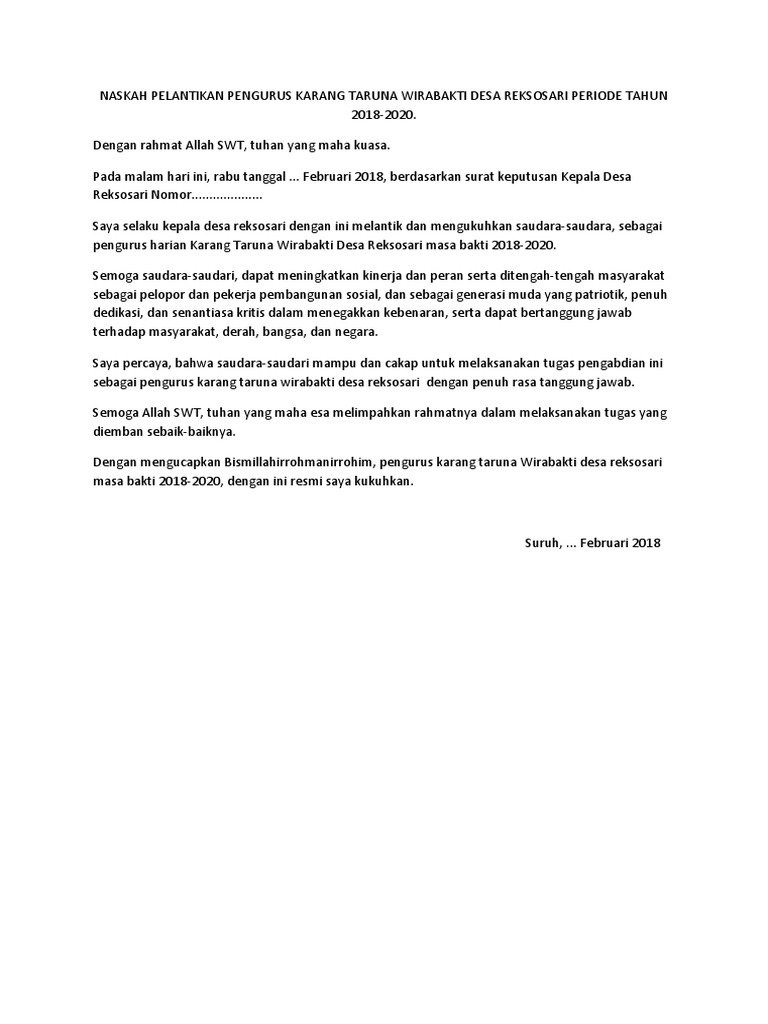 Naskah Pelantikan Pengurus Karang Taruna Wirabakti Desa Reksosari ... Naskah Pelantikan Pengurus Karang Taruna Wirabakti Desa Reksosari ...
