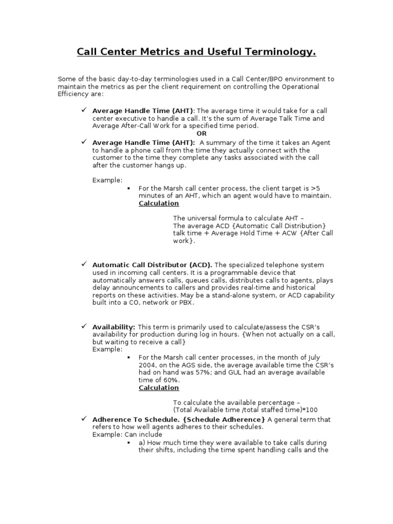 Call Center Metrics and Useful Terminology | Download Free PDF | Call ...