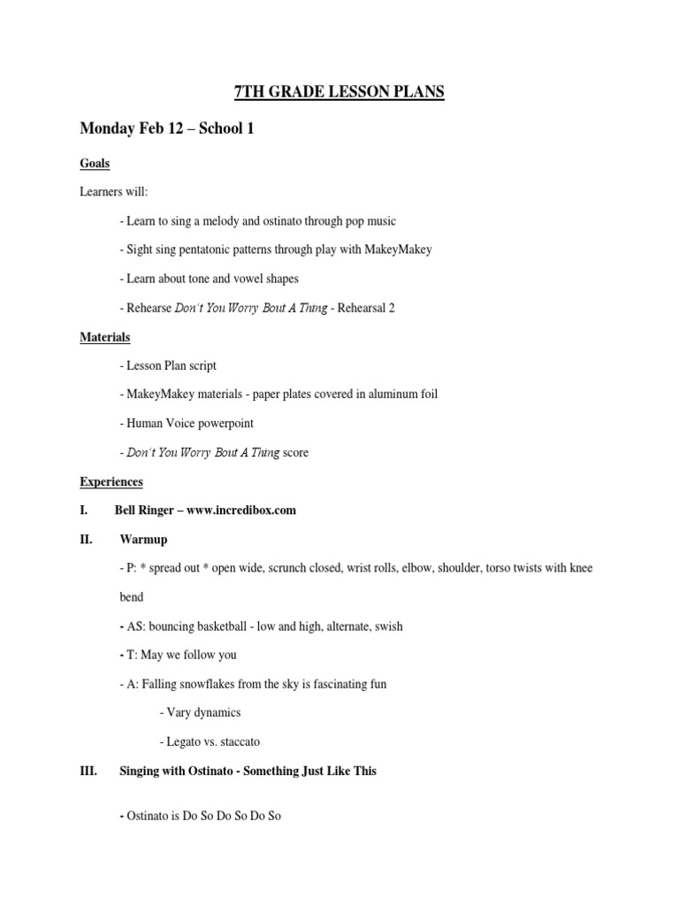 7th Grade Lesson Plans | PDF | Singing | Vowel