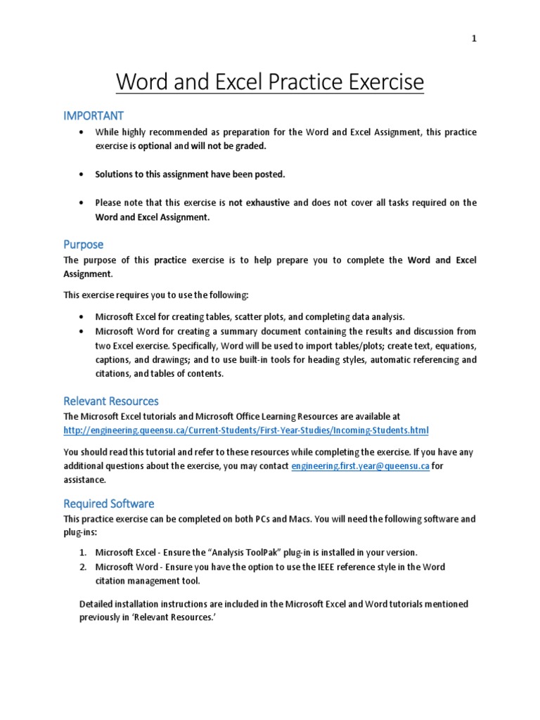 Excel Word Assignment Practice Exercise | Errors And Residuals ...