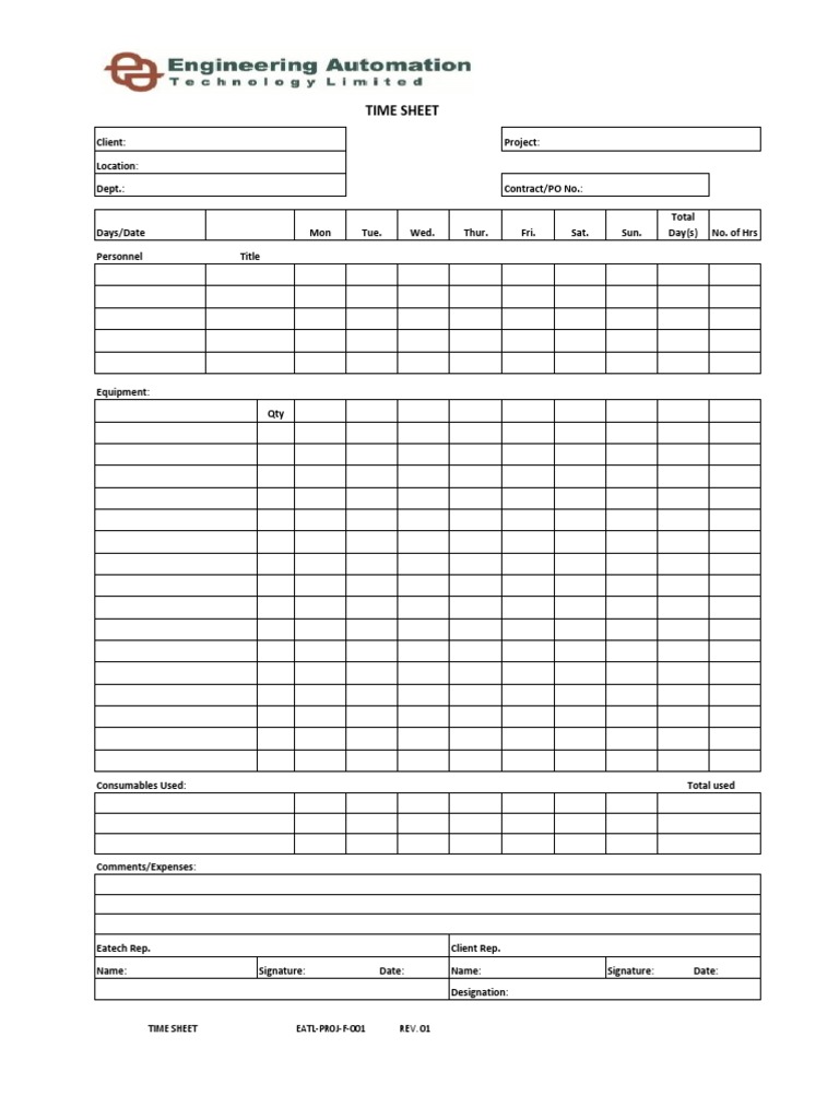 Time Sheet EATL-PROJ-F-001 REV. 01 | PDF
