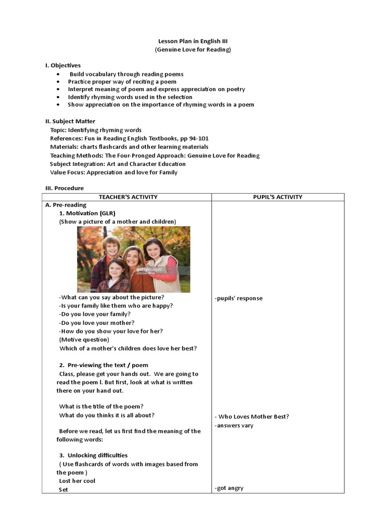 Genuine Love for Family in Poetry | PDF | Lesson Plan | Poetry