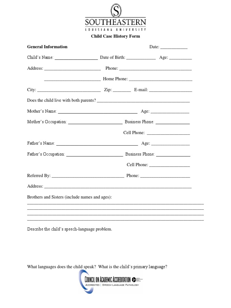 Child Case History Form General Information | PDF | Medicine | Health ...