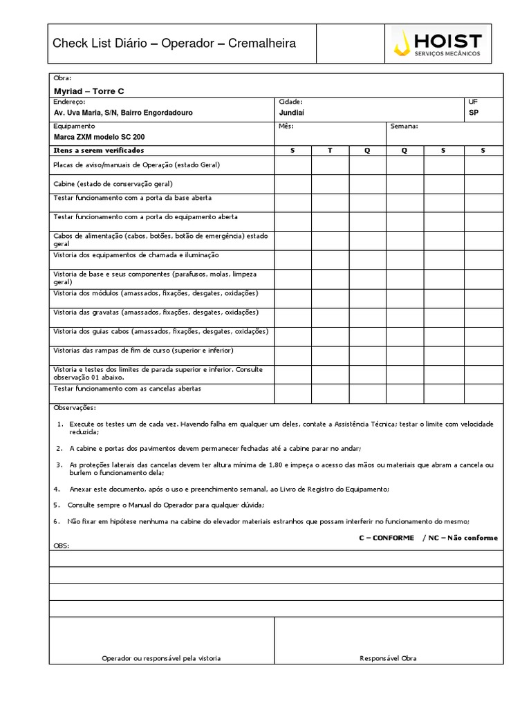 FSER11 - Check List Diário Cremalheira