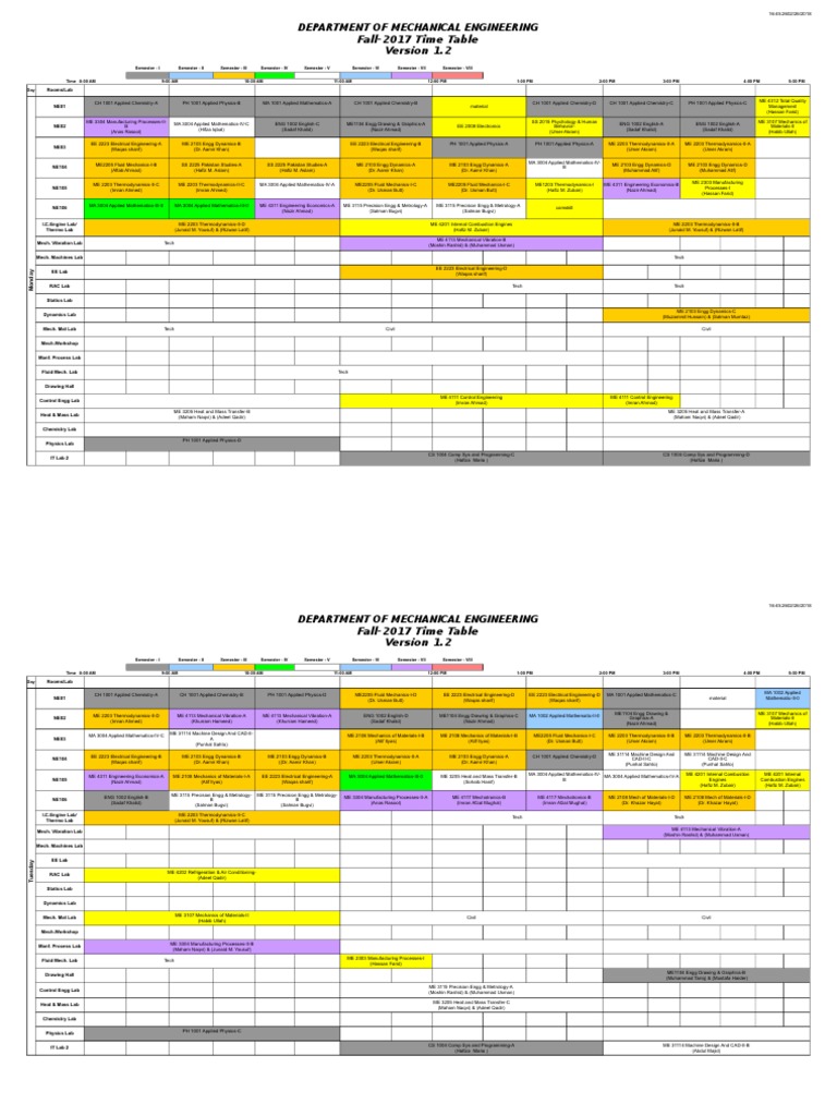 Proposed Course Schedule for Mechanical Engineering Department | PDF