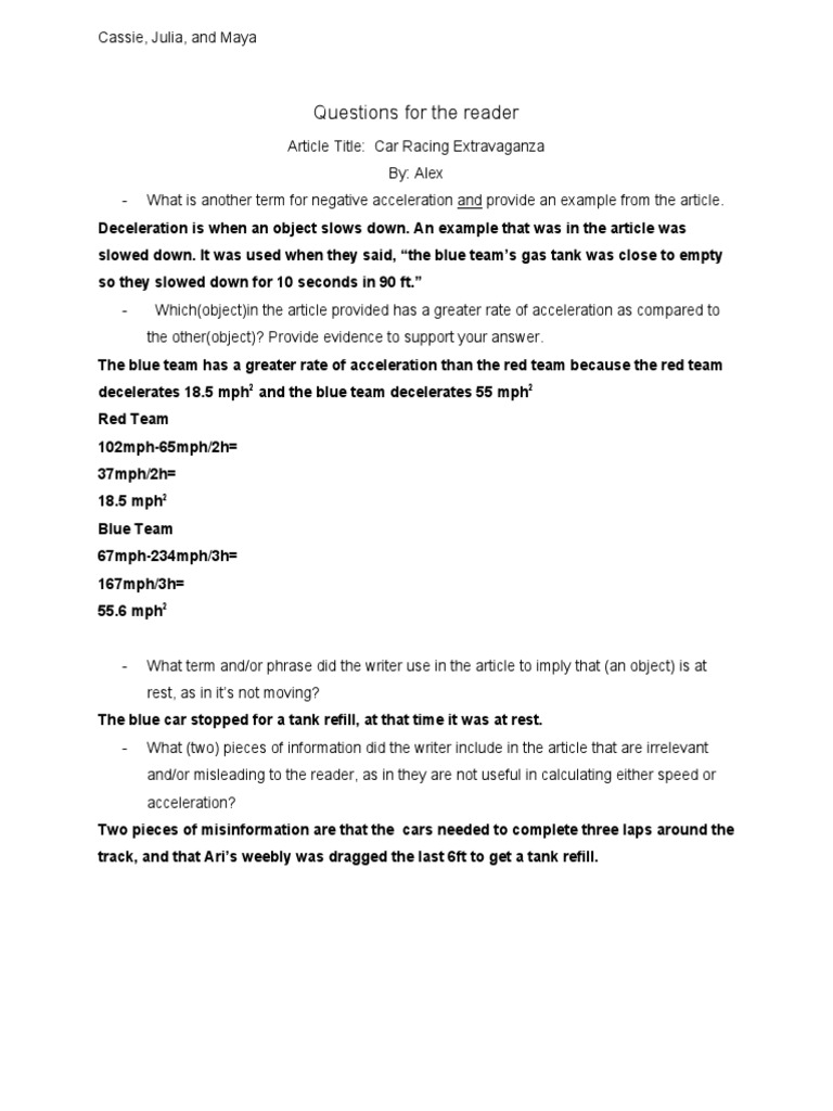 Solving Acceleration Word Problem Maya Cassie Julia | PDF | Acceleration | Mechanics