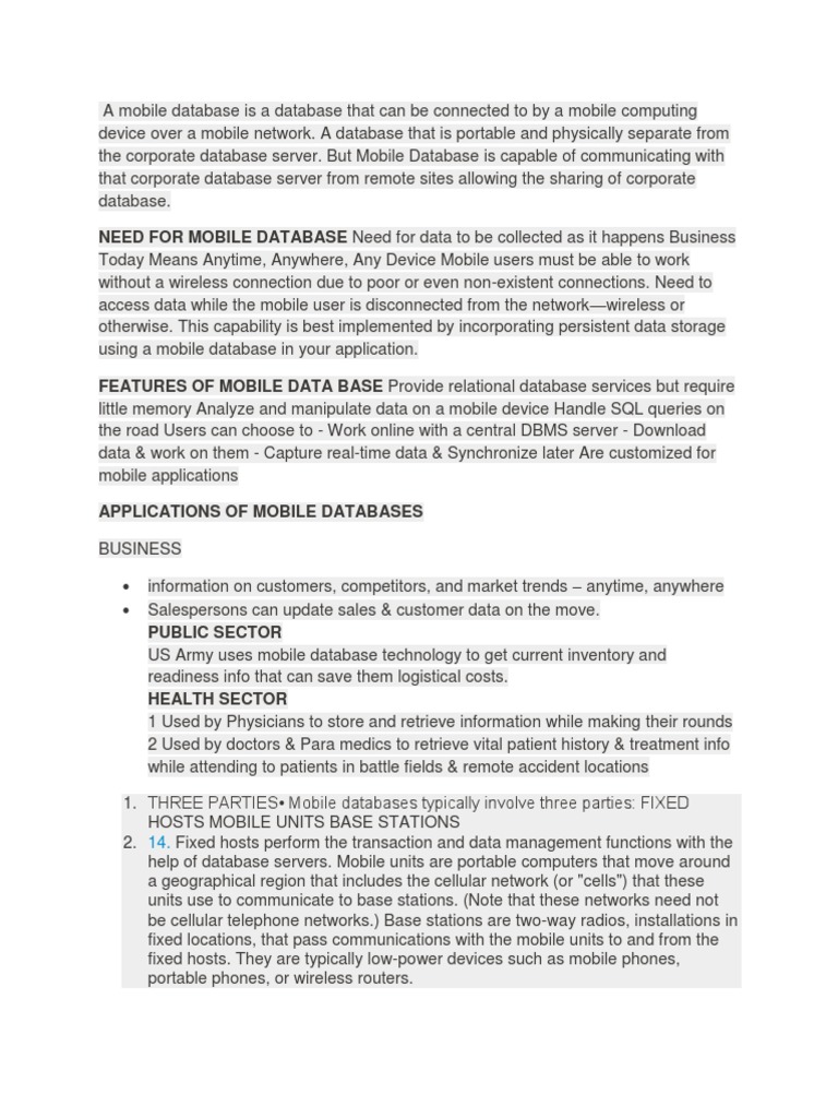 A Mobile Database Is A Database That Can Be Connected To by A Mobile Computing Device Over A ...